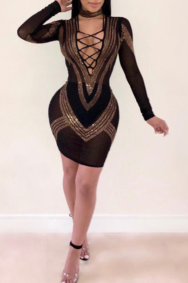 Lovely Sexy Hot Drilling Decorative Black Knitting Mini Dresslw