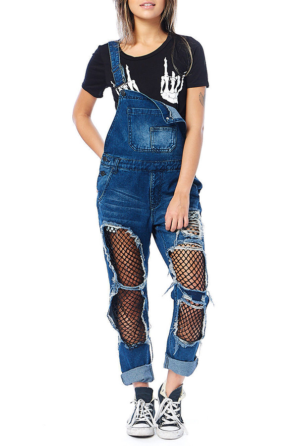 Lovely Casual Hollow Out Patchwork Blue Denim One Piece Jumpsuitlw