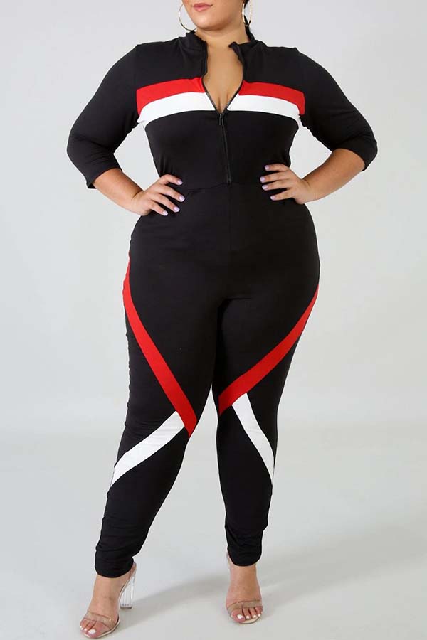 Lovely Casual Patchwork Black Plus Size One Piece Jumpsuitlw Fashion