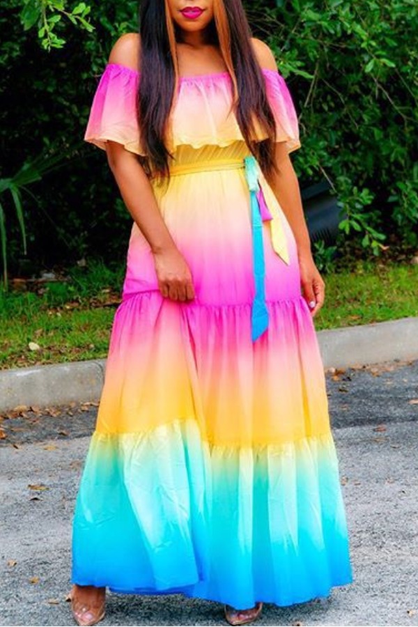Lovely Casual Off The Shoulder Print Patchwork Multicolor Maxi Dresslw