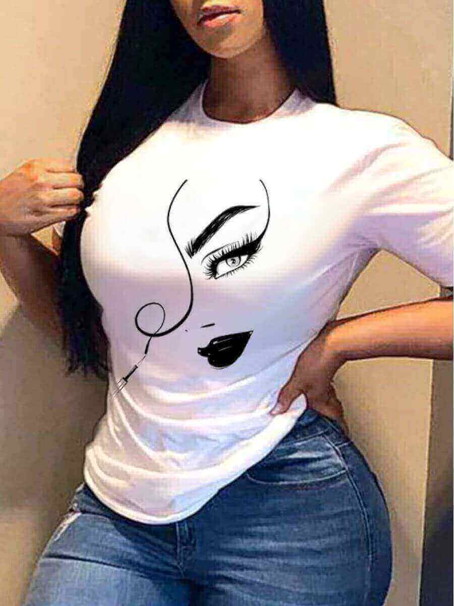 Lovely Chic O Neck Face Print White T-shirt Sale | LovelyWholesale