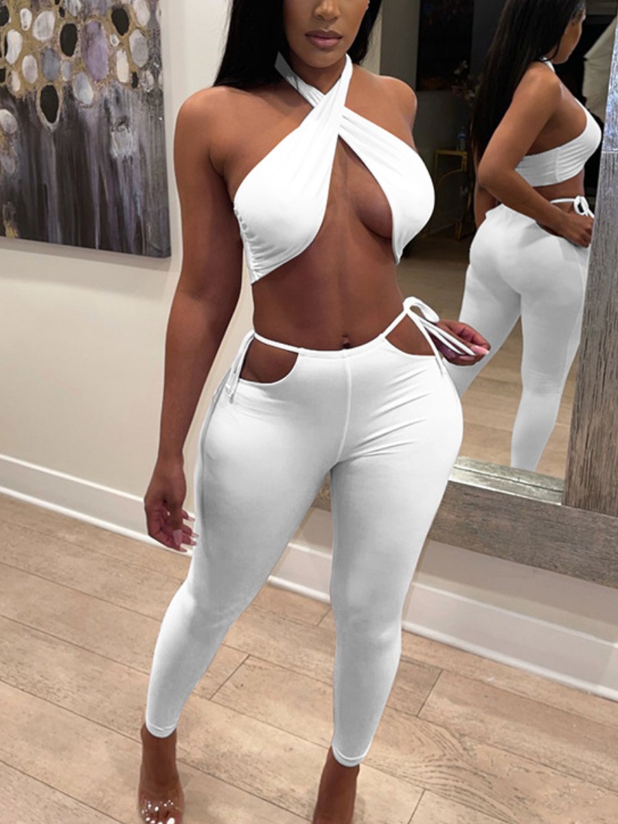 Lw Sxy Criss Cross Bandage Hollow Out Design White Two Piece Pants Set