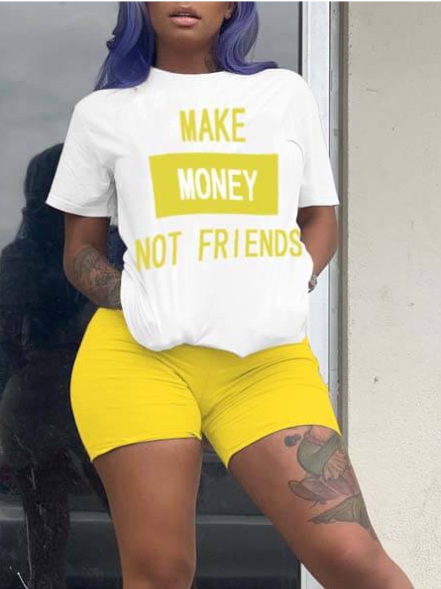 Lovely Casual Letter Print Yellow Two-piece Shorts Set Sale ...