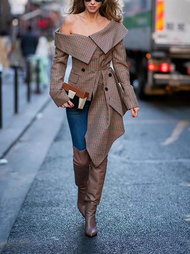LW Button Design Plaid Asymmetrical Jacket Sale | LovelyWholesale